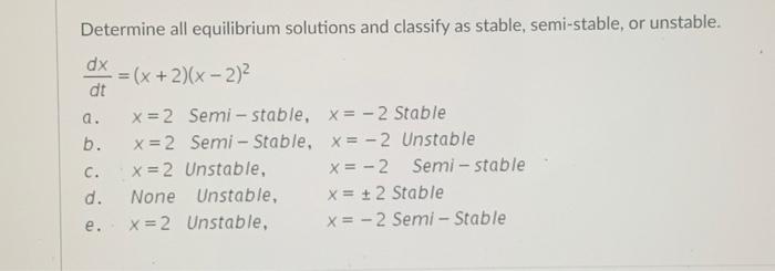 Solved Determine all equilibrium solutions and classify as | Chegg.com