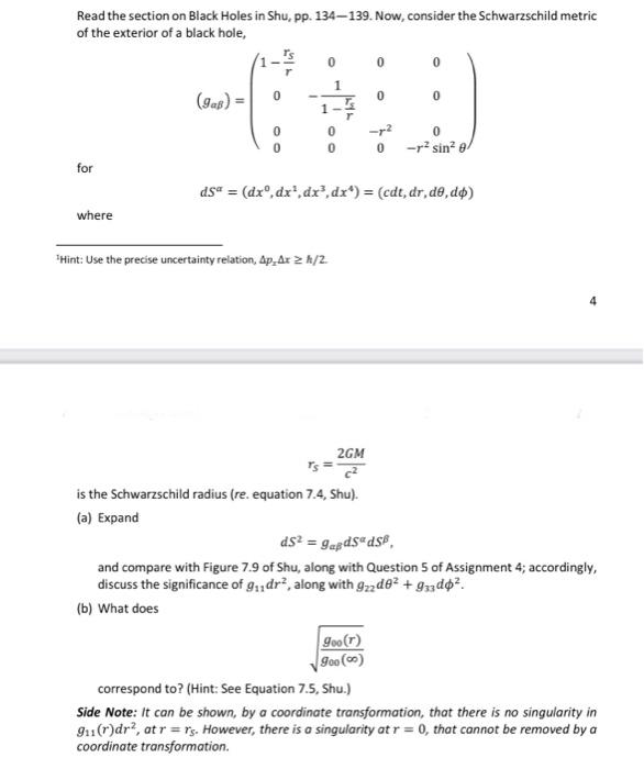 Read the section on Black Holes in Shu, pp. 134-139. | Chegg.com