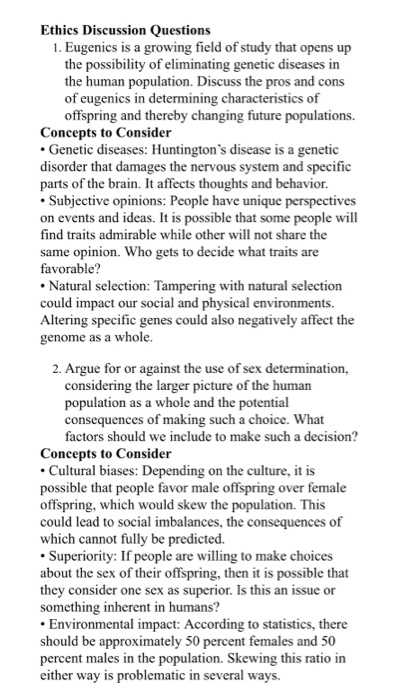 Solved Ethics Discussion Questions 1. Eugenics is a growing | Chegg.com