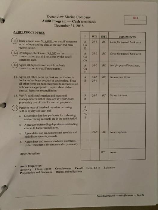 Oceanview Marine Company Audit Program - Cash | Chegg.com