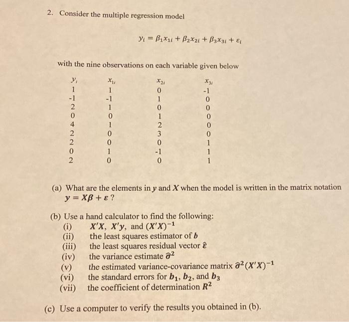 Solved 2. Consider the multiple regression model y = B1X11 + | Chegg.com