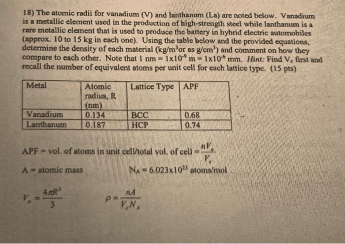 Solved 18) The atomic radii for vanadium (V) and lanthanum | Chegg.com