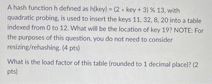 Solved A hash function h defined as h(key) = (2+ key + 3) % | Chegg.com