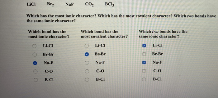 Solved For the bonds in these molecules:LiCl, Br2, NaF, CO2, | Chegg.com