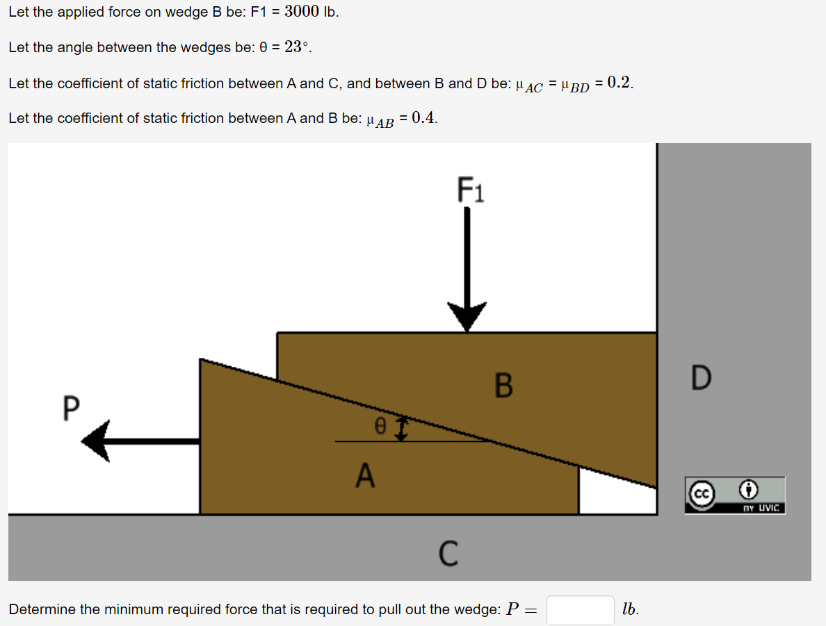 Solved Let the applied force on wedge B be: F1=3400lb . ﻿Let | Chegg.com