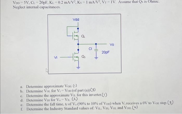 Solved VDDDD=5 V,CL=20pF,KL=0.2 mA/V2,Ks=1 mA/V2, VT=1 V. | Chegg.com