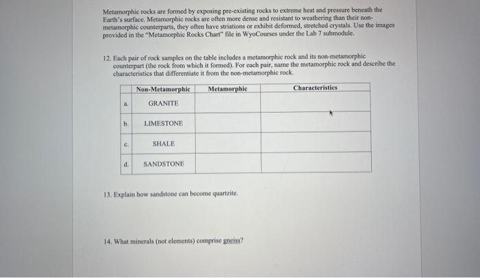 Solved Metamorphic rocks are formed by exposing pre-existing | Chegg.com