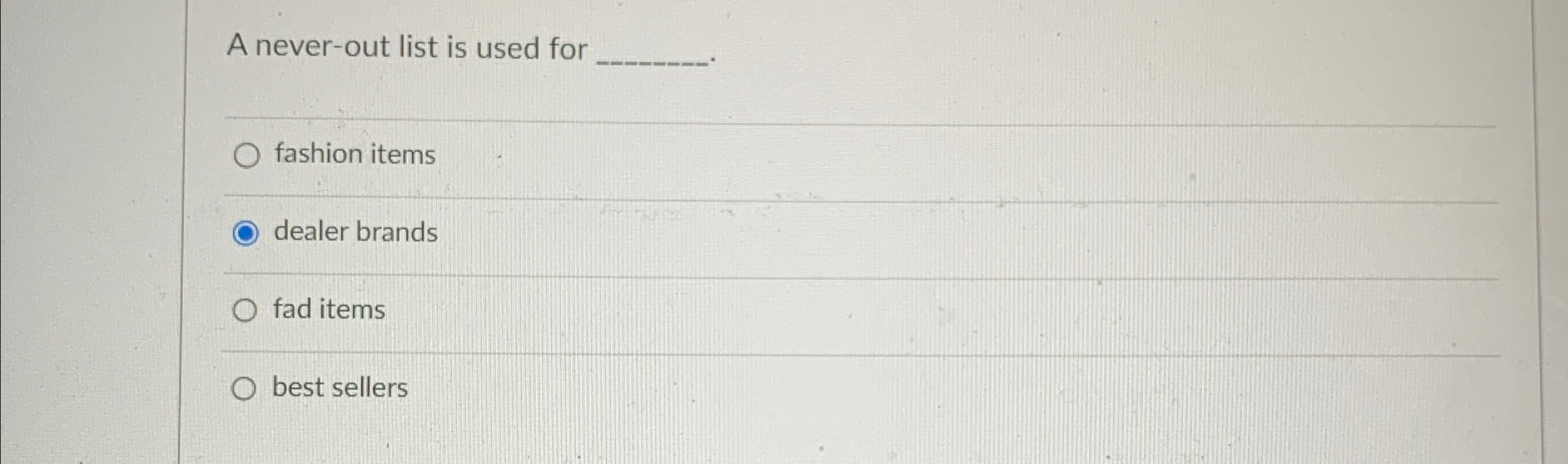 Solved A never-out list is used forfashion itemsdealer | Chegg.com