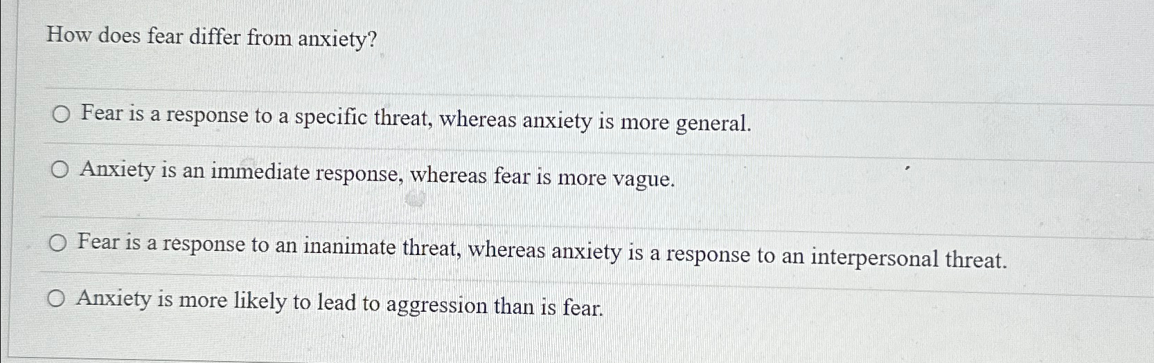 Solved How does fear differ from anxiety?Fear is a response | Chegg.com