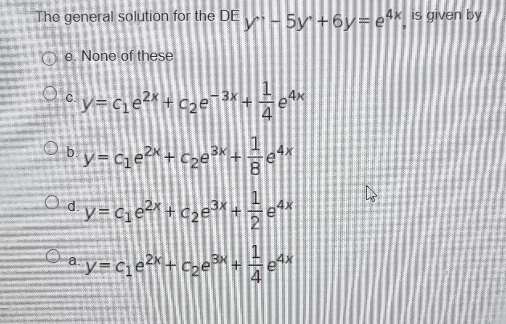 Solved The general solution for the DE y -5y +6y=e4x, is | Chegg.com