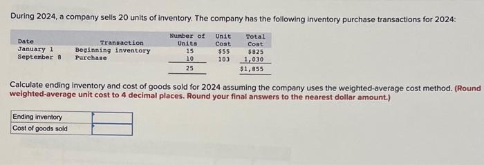 Solved During 2024, a company sells 20 units of inventory. | Chegg.com