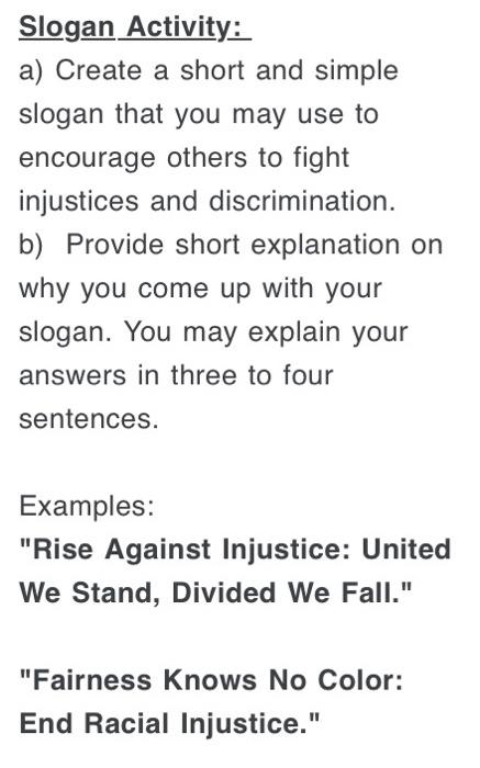 Slogan Activity: a) Create a short and simple slogan | Chegg.com