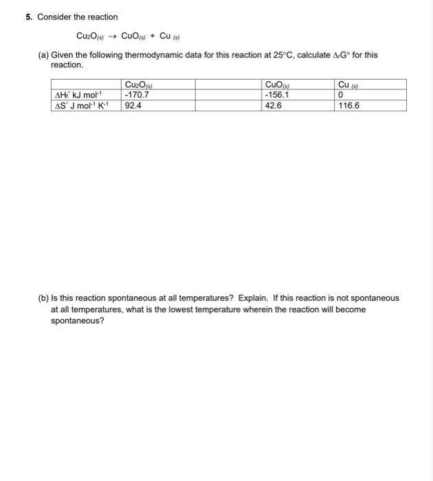 Solved 5. Consider the reaction Cu2O(s) → Cuo(s) + Cu (s) | Chegg.com