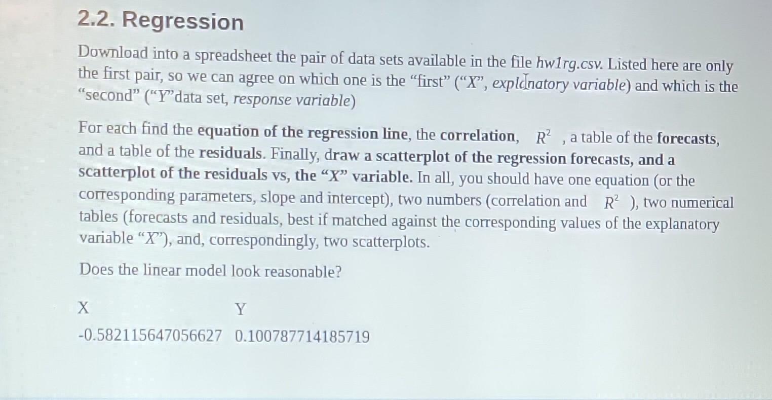 Solved 2.2. Regression Download into a spreadsheet the pair | Chegg.com