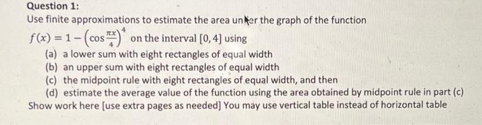 Solved Use finite approximations to estimate the area unker | Chegg.com