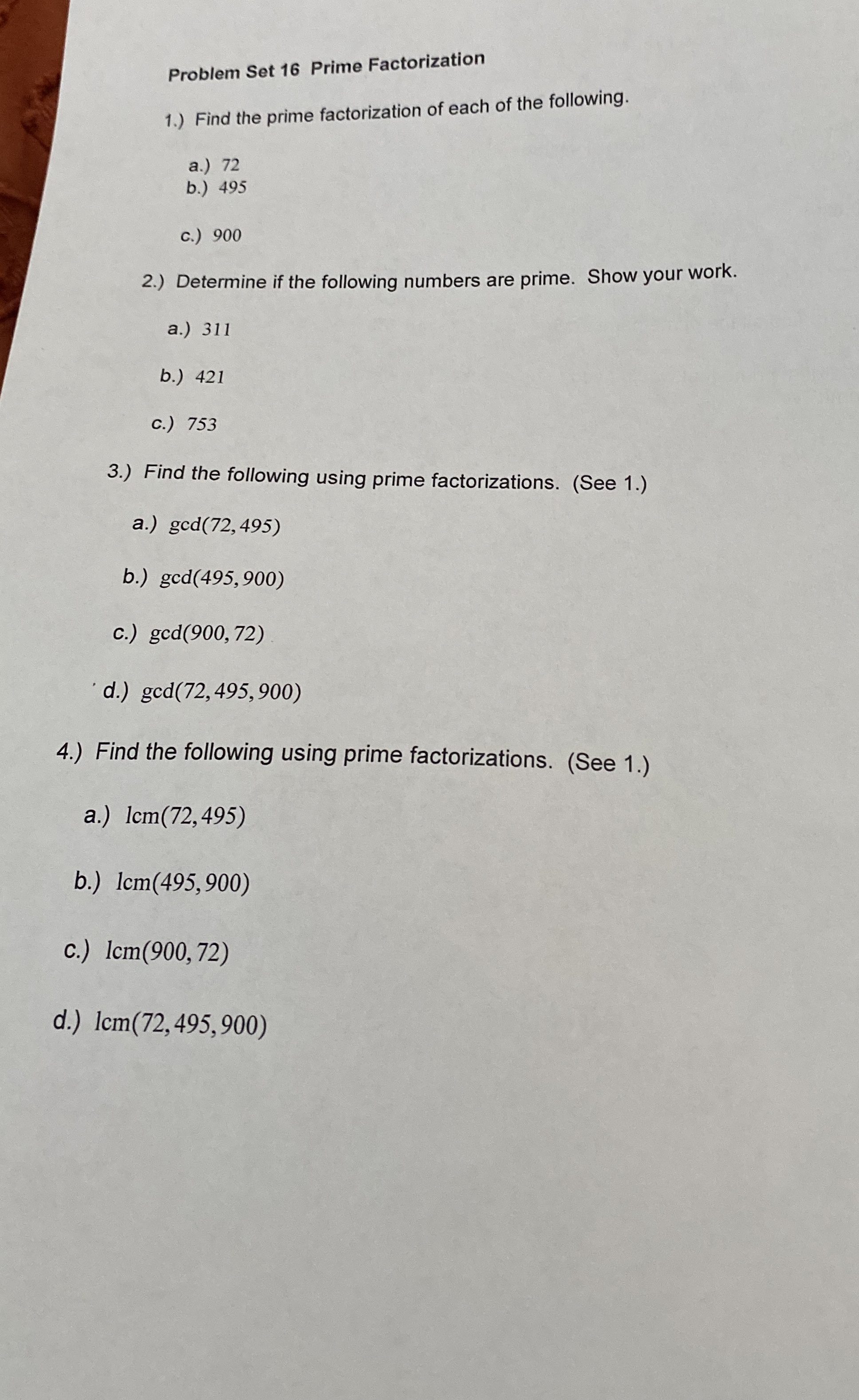 Solved Problem Set 16 ﻿Prime Factorization1.) ﻿Find the | Chegg.com
