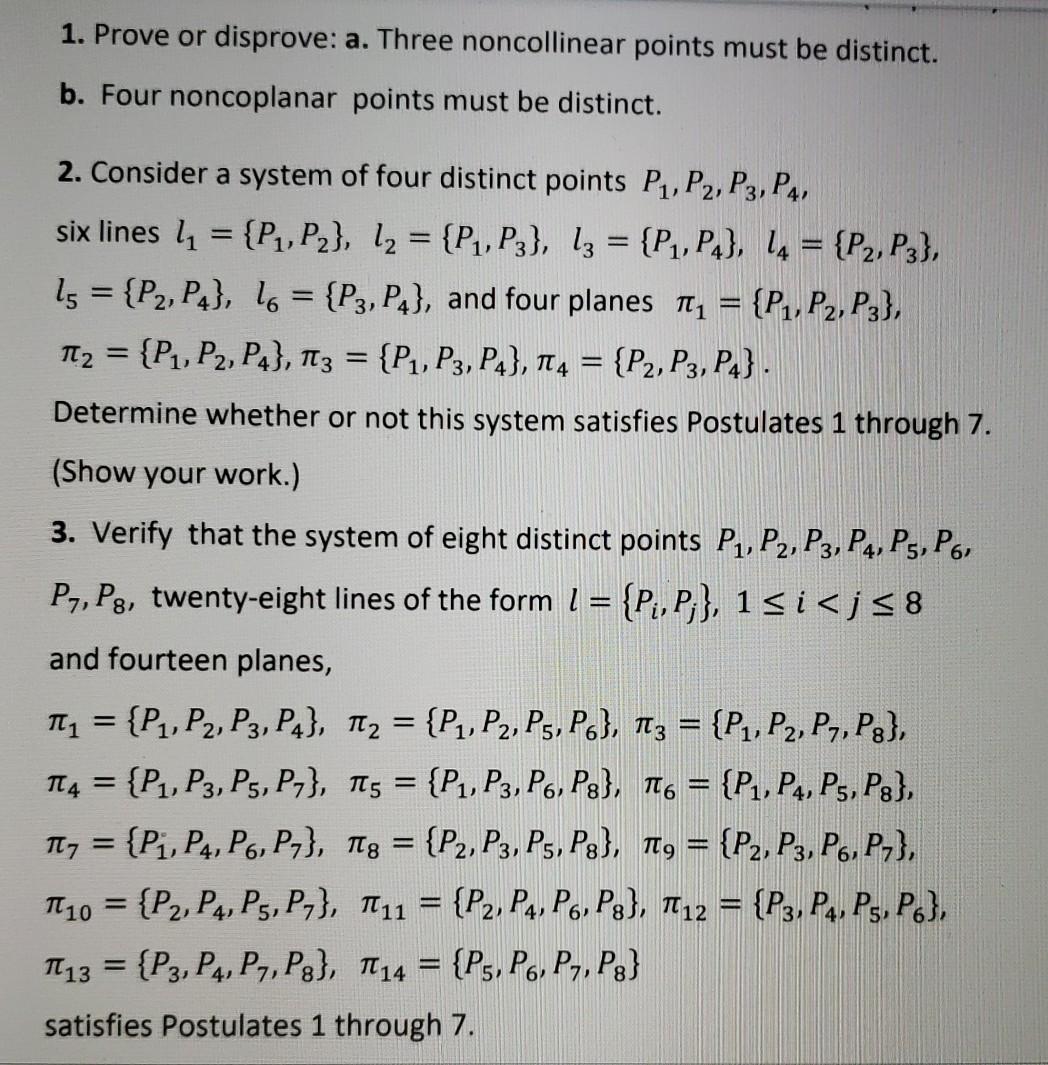 Solved 1. Prove or disprove: a. Three noncollinear points | Chegg.com