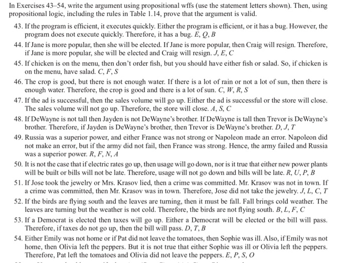Solved Exercises 43 54 Write Argument Using Propositional Wffs Use Statement Letters Shown