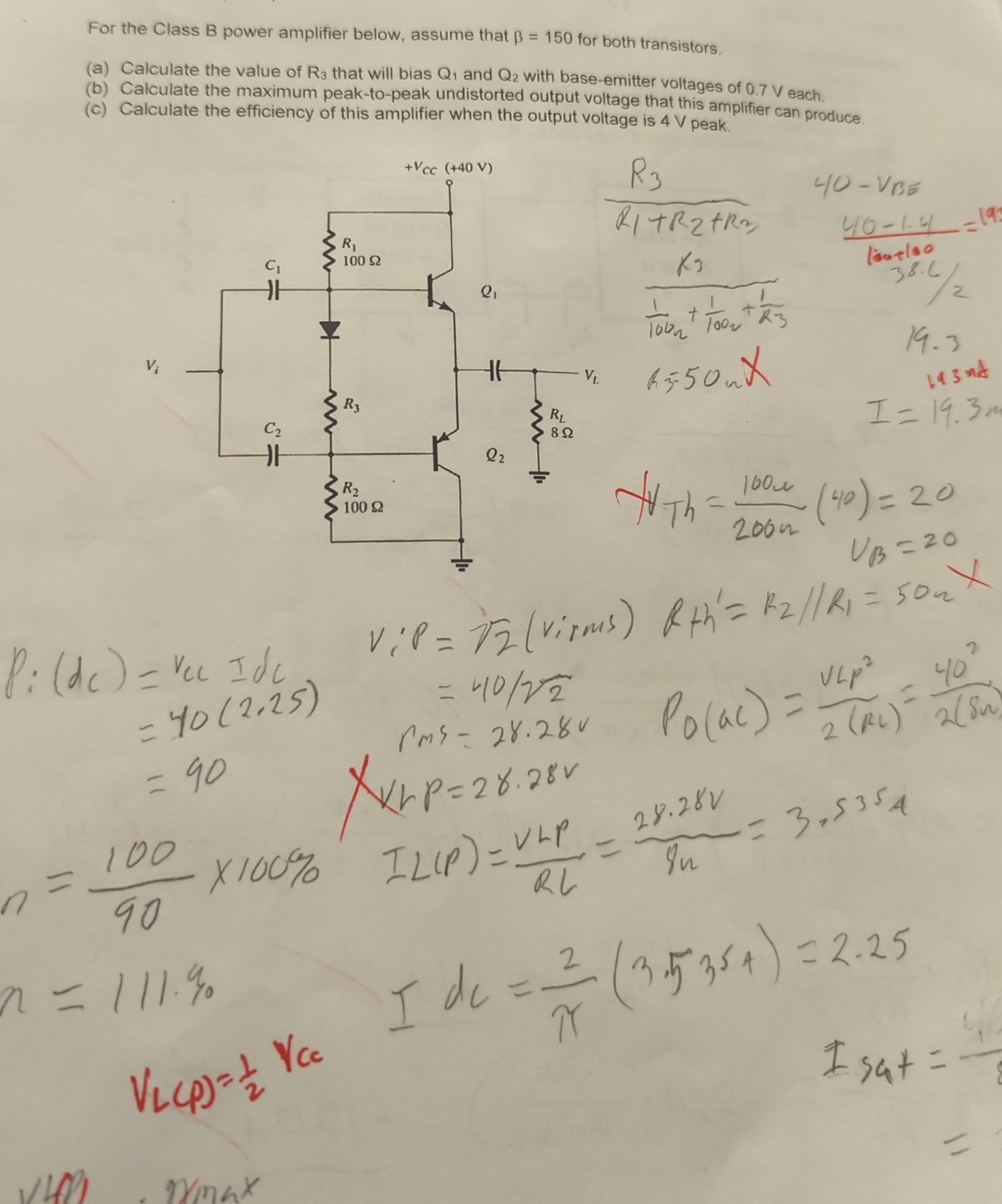 Solved For the Class B ﻿power amplifier below, assume that | Chegg.com