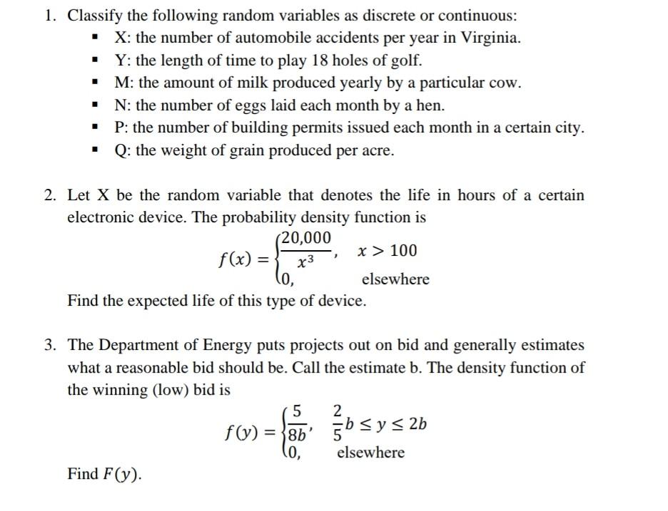 Solved 1. Classify the following random variables as | Chegg.com
