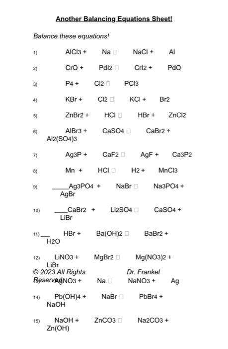 Solved Another Balancing Equations Sheet! Balance these | Chegg.com