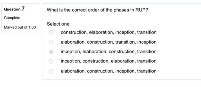 Solved What is the correct order of the phases in RUP? | Chegg.com