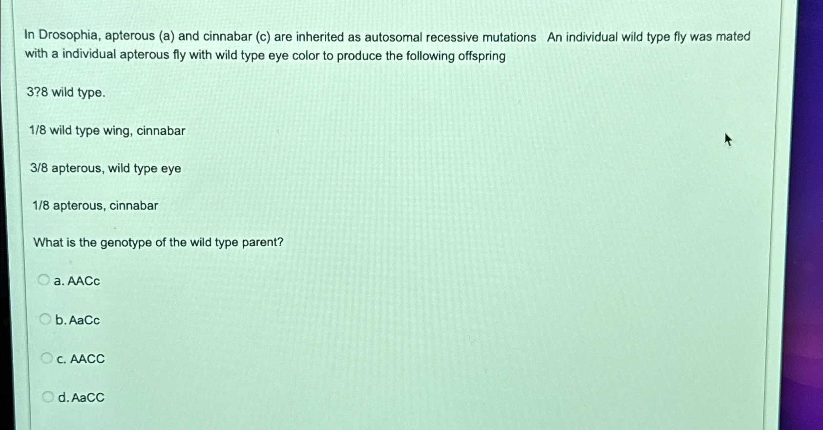 Solved In Drosophia, apterous (a) ﻿and cinnabar (c) ﻿are | Chegg.com