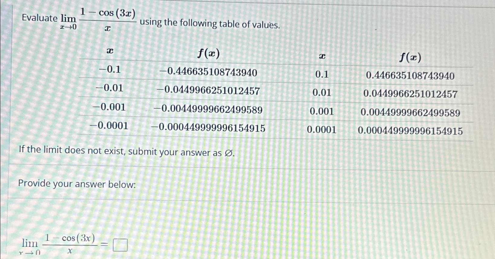Solved Evaluate limx→01-cos(3x)x ﻿using the following table | Chegg.com