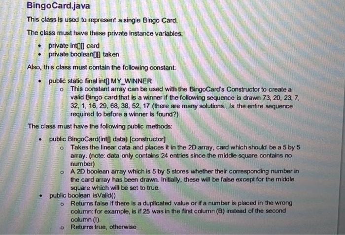 Solved This class is used to represent a single Bingo Card. | Chegg.com