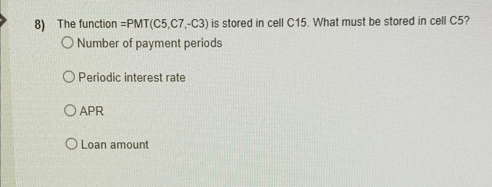 Solved The function =PMT(C5,C7,-C3) ﻿is stored in cell C15. | Chegg.com