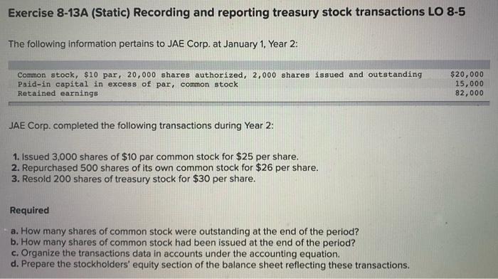 Solved Exercise 8-13A (Static) Recording and reporting | Chegg.com