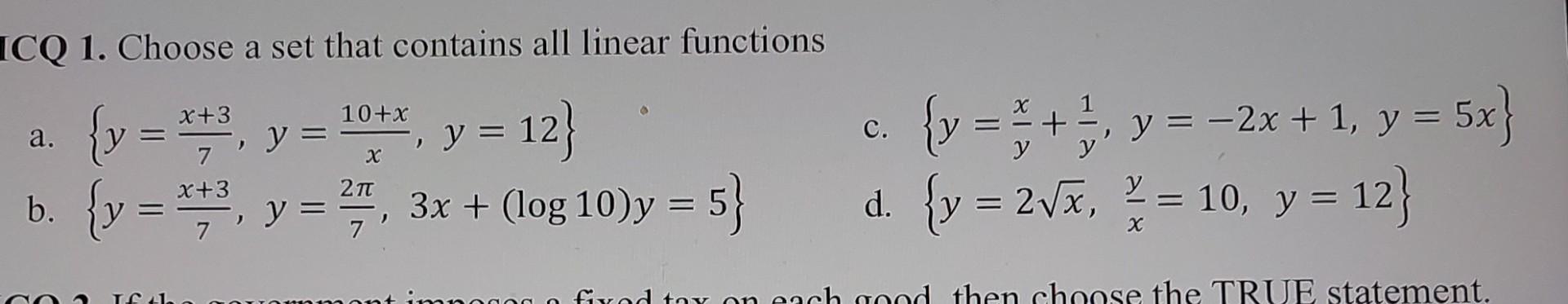 Solved CQ 1. Choose a set that contains all linear functions | Chegg.com