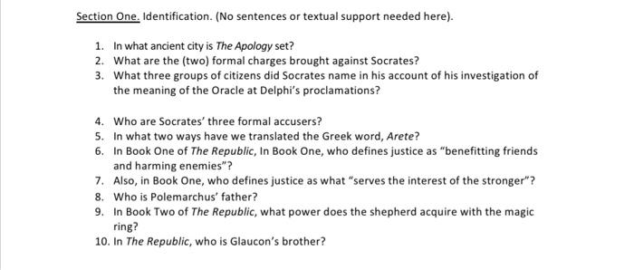 Solved Section One. Identification. (No sentences or textual | Chegg.com