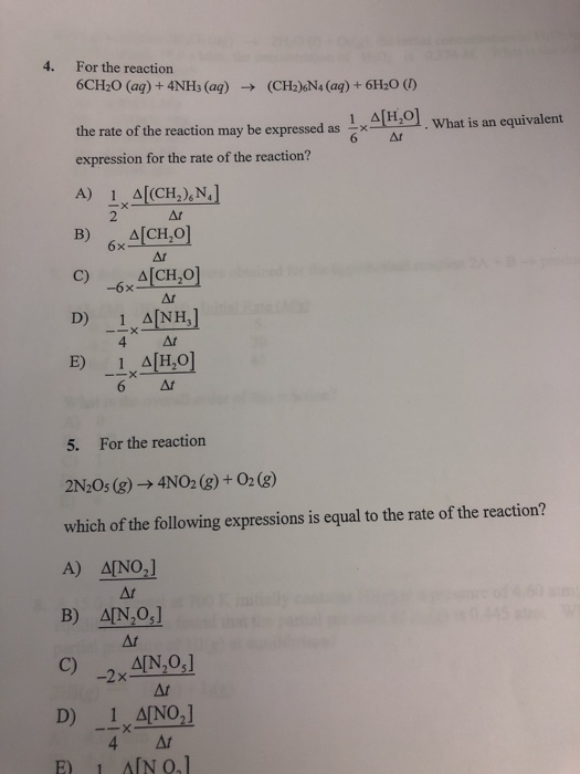 Solved 4. For the reaction 6CH20 (aq) + 4NH3(aq) → (CH2)6N4 | Chegg.com