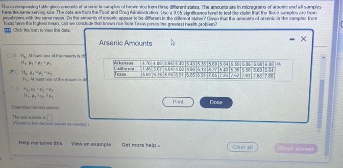 Solved The accompanying table gives amounts of arsenic in | Chegg.com