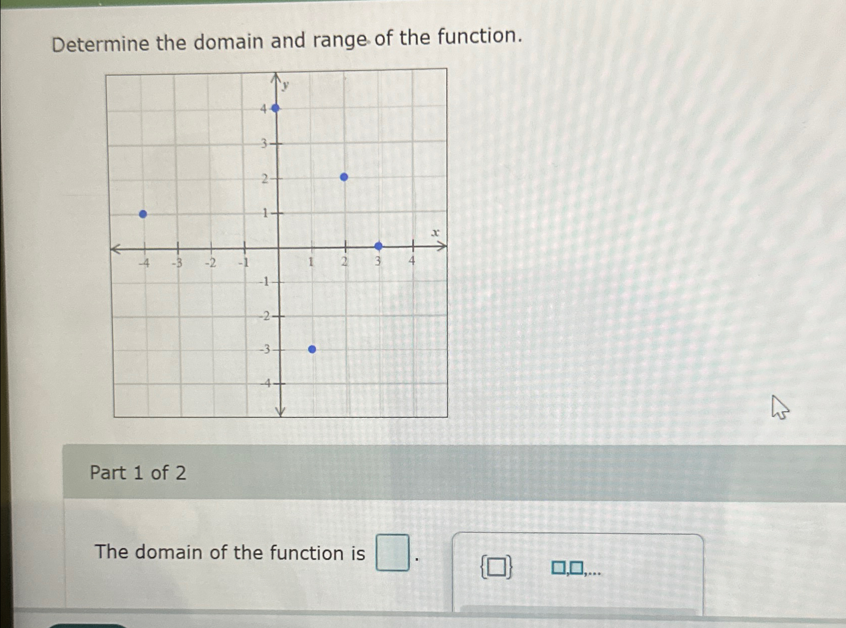 Solved Determine the domain and range of the function.Part 1 | Chegg.com