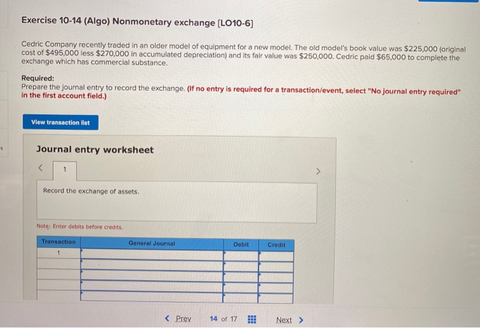 Solved Exercise 10-14 (Algo) Nonmonetary exchange (LO10-6) | Chegg.com