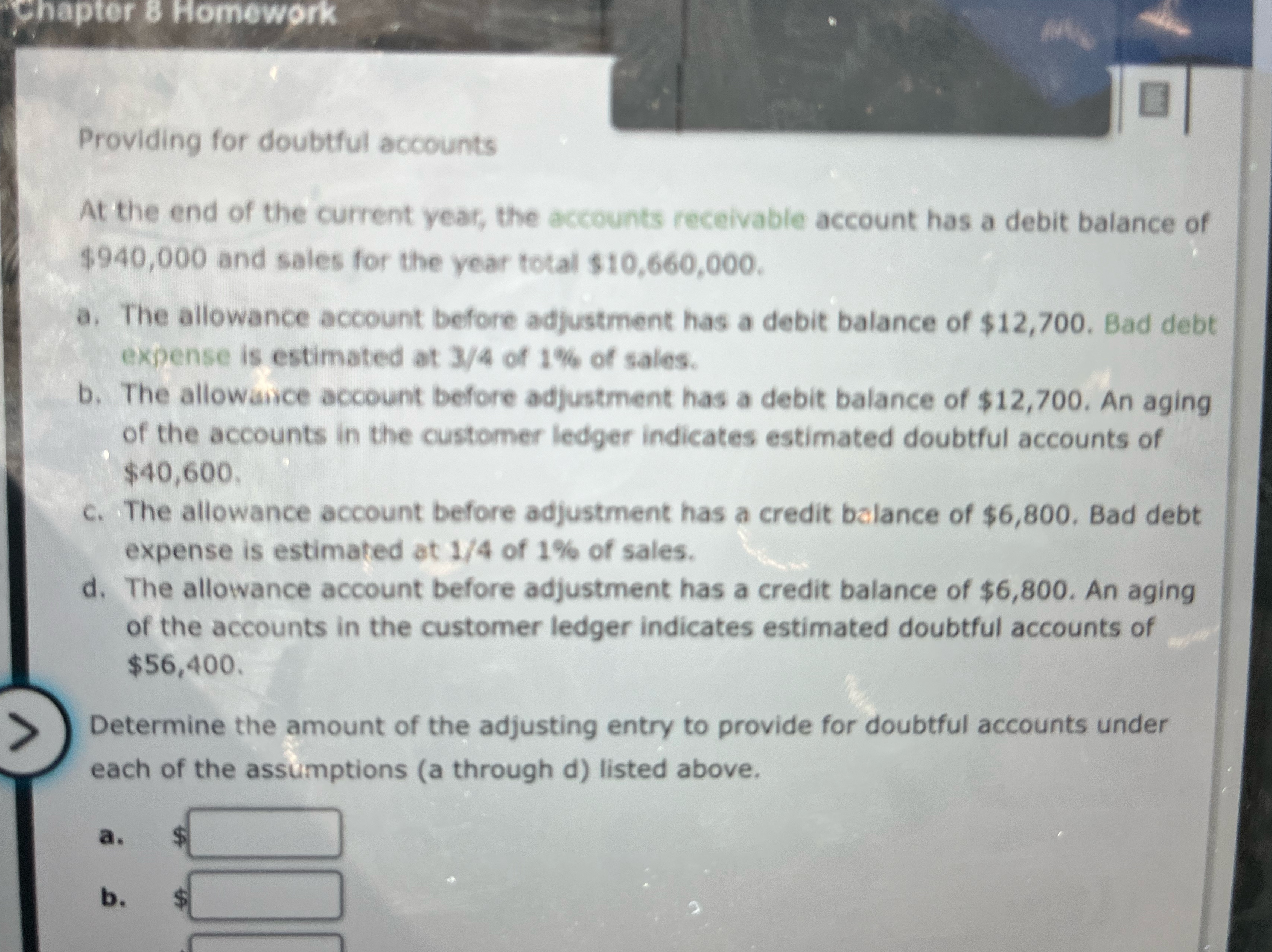 Solved Chaptor 8 ﻿HomeworkProviding for doubtful accountsAt | Chegg.com
