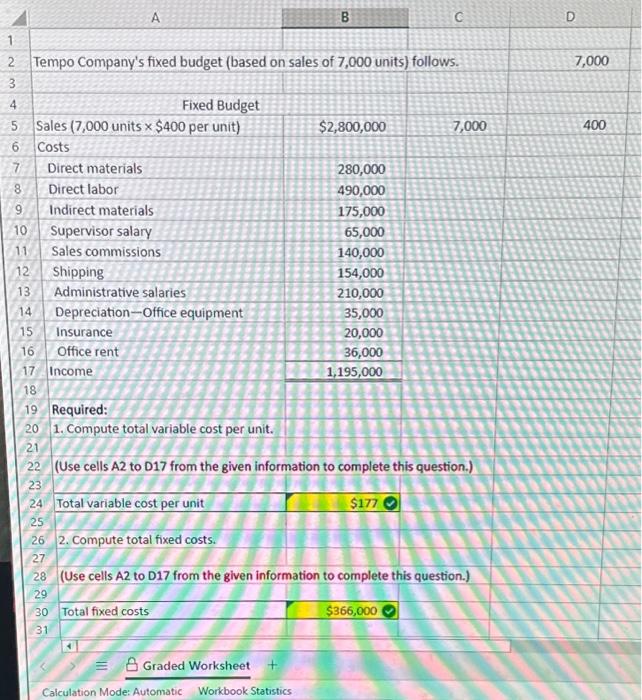 Solved 1. Compute total variable cost per unit. (Use cells | Chegg.com
