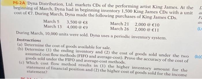 Solved P6-2A Dyna Distribution, Ltd. markets CDs of the | Chegg.com
