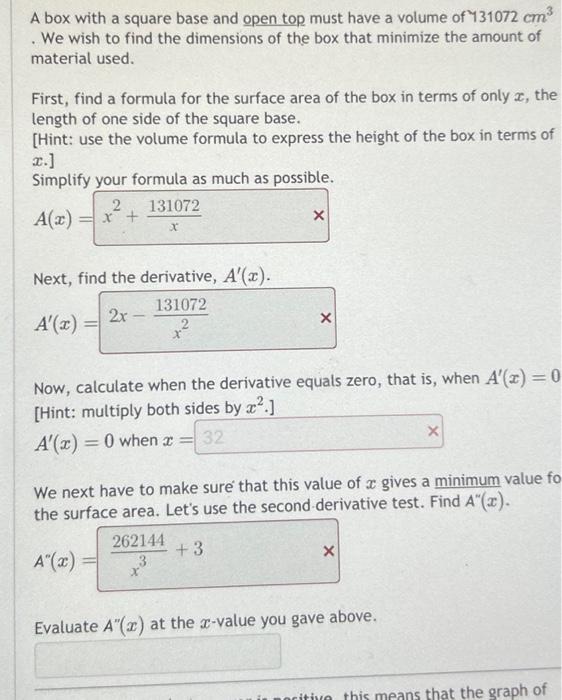 Solved A box with a square base and open top must have a | Chegg.com