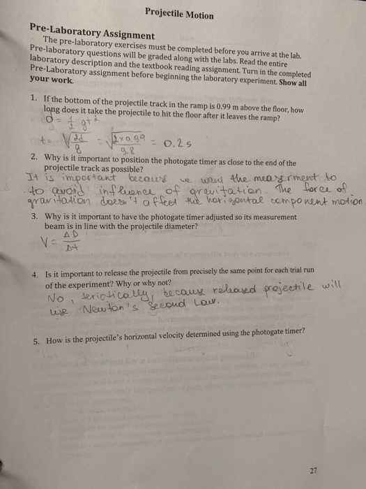 Solved Projectile Motion Pre-Laboratory Assignment The | Chegg.com