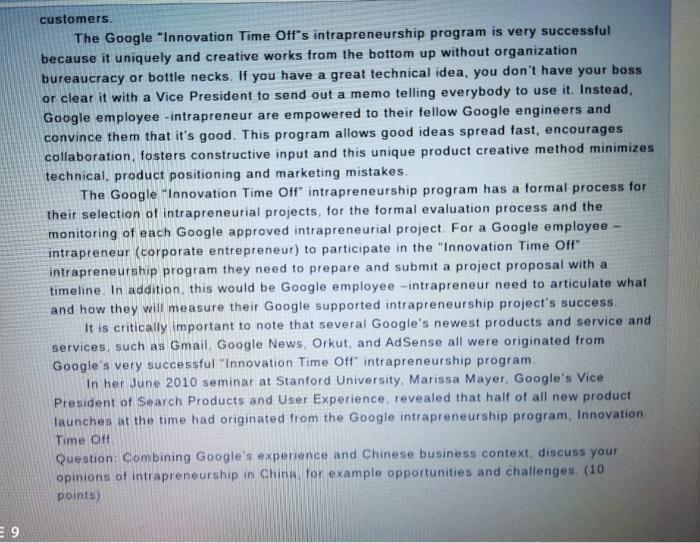 Solved customers The Google "Innovation Time Off's | Chegg.com