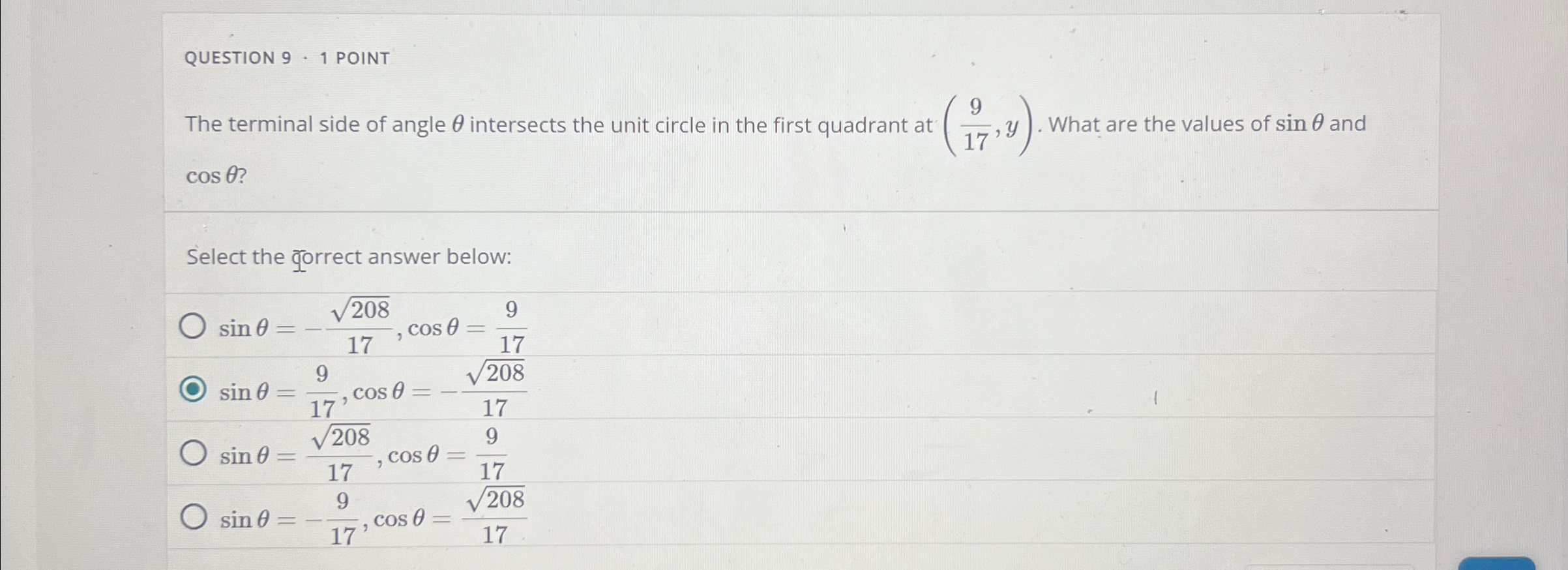 Solved QUESTION 9 - 1 ﻿POINTThe terminal side of angle θ | Chegg.com