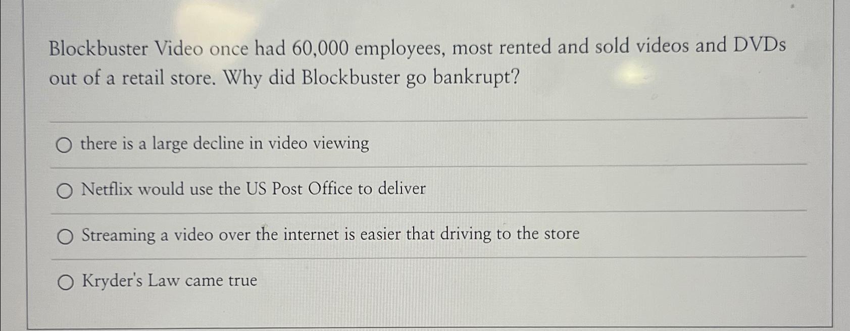 Solved Blockbuster Video once had 60,000 ﻿employees, most | Chegg.com