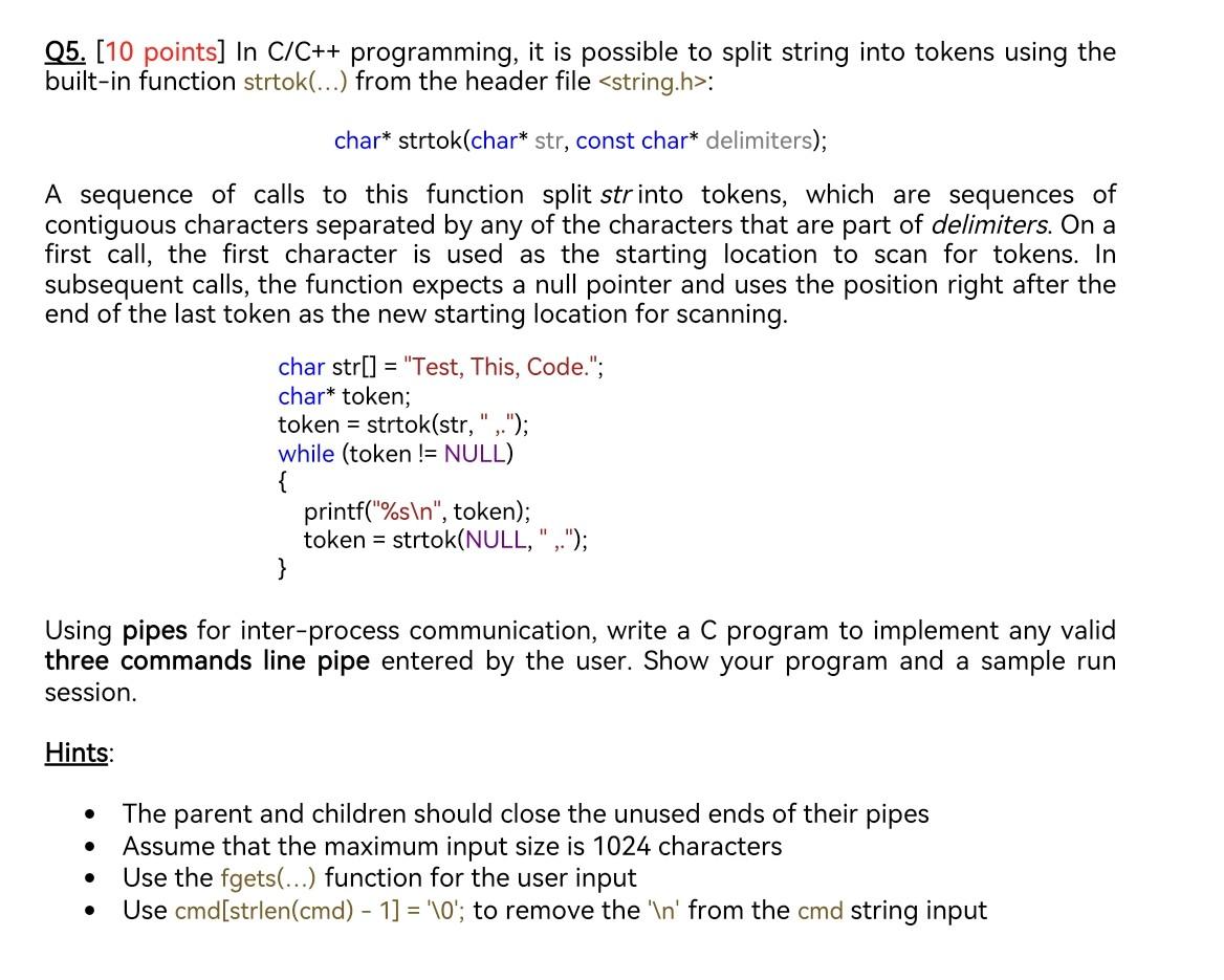 Solved built-in function strtok(...) from the header file : | Chegg.com