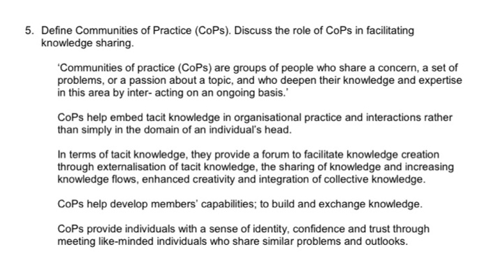 Solved 5. Define Communities of Practice (COPs). Discuss the | Chegg.com