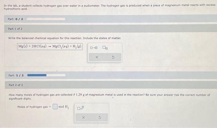 Solved In the lab, a student collects hydrogen gas over | Chegg.com