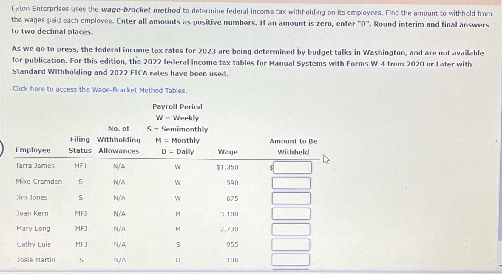Solved Eaton Enterprises uses the wage-bracket method to | Chegg.com