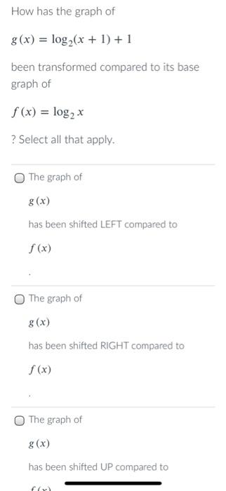 Solved How has the graph of g(x) = log₂(x + 1) + 1 been | Chegg.com